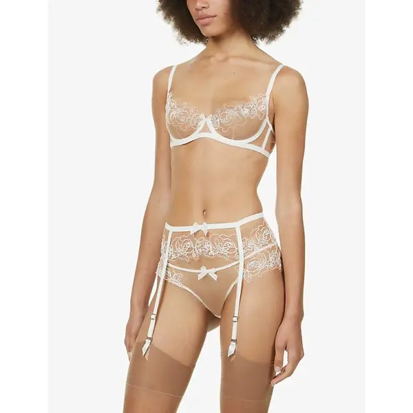 Agent Provocateur Lindie Floral Mesh Suspender Belt - Sand/ivory