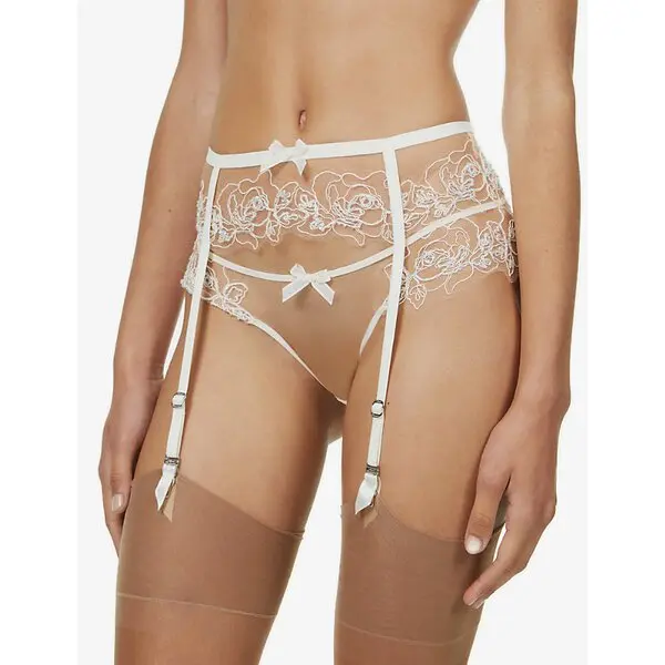 Agent Provocateur Lindie Floral Mesh Suspender Belt - Sand/ivory