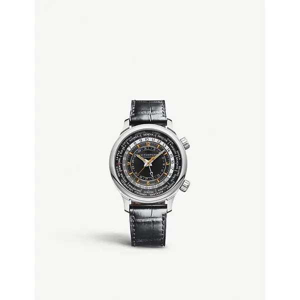Chopard L.u.c Time Traveller One Stainless Steel And Alligator-embossed Leather Watch - Black And Silver