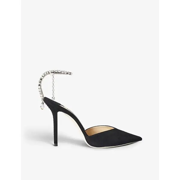 JIMMY CHOO Saeda Suede Stiletto Courts With Crystal Chain Detailing - Black/crystal