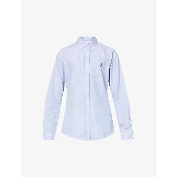 Polo Ralph Lauren Long-sleeved Logo-embroidered Slim-fit Stretch Cotton-poplin Shirt - Blue Wht Stripe