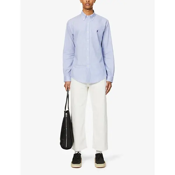 Polo Ralph Lauren Long-sleeved Logo-embroidered Slim-fit Stretch Cotton-poplin Shirt - Blue Wht Stripe