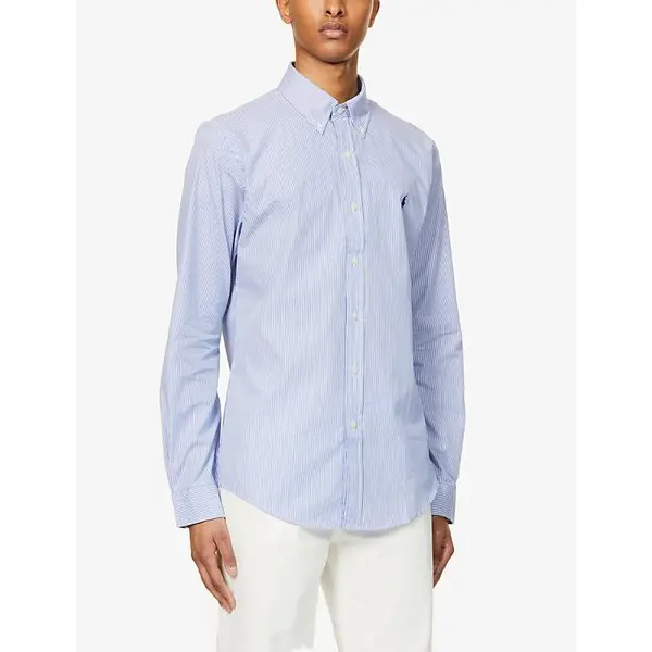 Polo Ralph Lauren Long-sleeved Logo-embroidered Slim-fit Stretch Cotton-poplin Shirt - Blue Wht Stripe