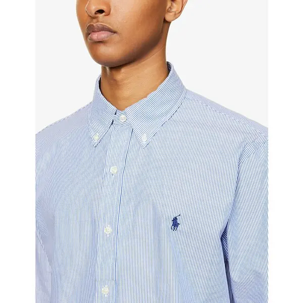 Polo Ralph Lauren Long-sleeved Logo-embroidered Slim-fit Stretch Cotton-poplin Shirt - Blue Wht Stripe