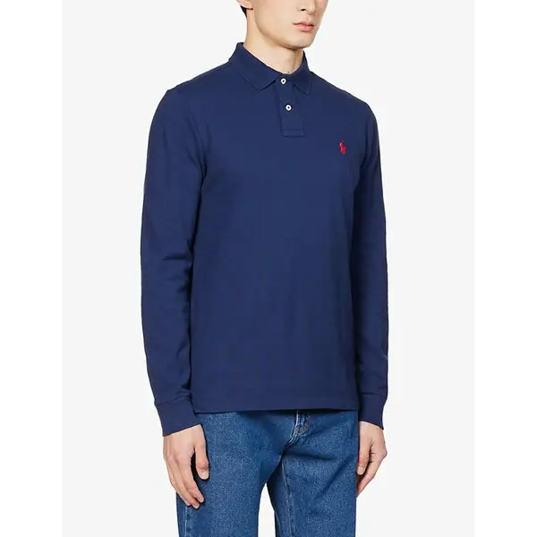 Polo Ralph Lauren Long-sleeved Logo-embroidered Custom Slim-fit Cotton-piqué Polo Shirt Xxl - Newport Navy