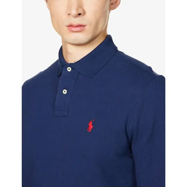 Polo Ralph Lauren Long-sleeved Logo-embroidered Custom Slim-fit Cotton-piqué Polo Shirt Xxl - Newport Navy