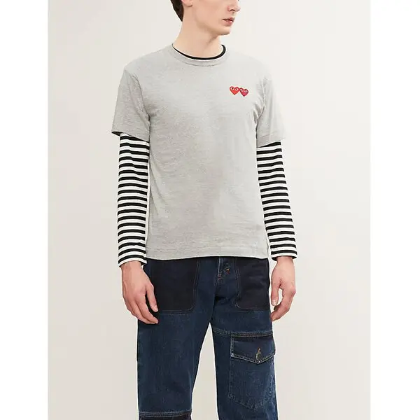 Play Comme Des Garcon Heart-embroidered Cotton-jersey T-shirt Xxl - Grey