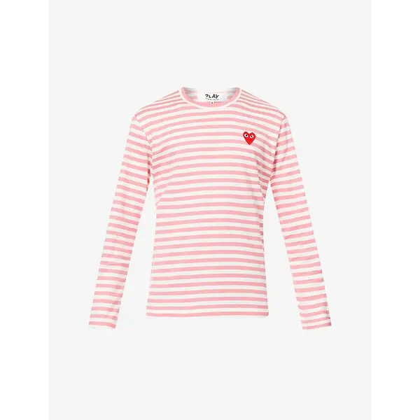 Play Comme Des Garcon Branded Stripe-print Cotton-jersey Top - Pink X Wht