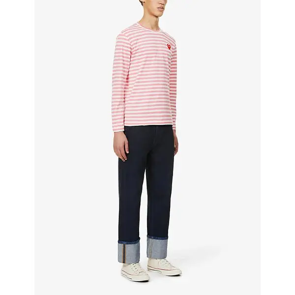 Play Comme Des Garcon Branded Stripe-print Cotton-jersey Top - Pink X Wht