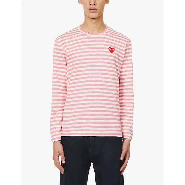 Play Comme Des Garcon Branded Stripe-print Cotton-jersey Top - Pink X Wht