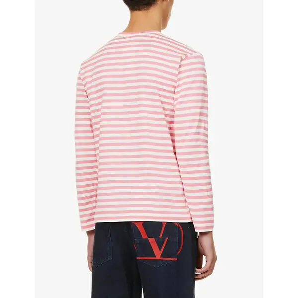Play Comme Des Garcon Branded Stripe-print Cotton-jersey Top - Pink X Wht