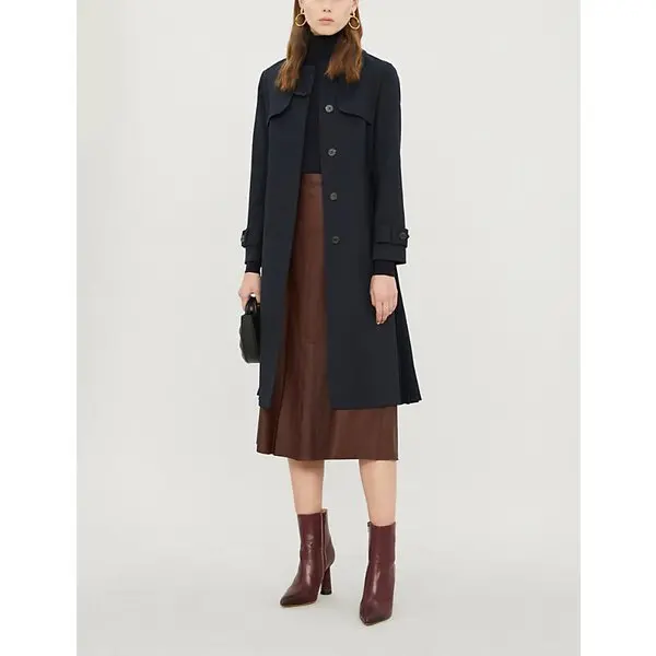 Sandro Pleated Panel Twill Trench Coat - Navy Blue