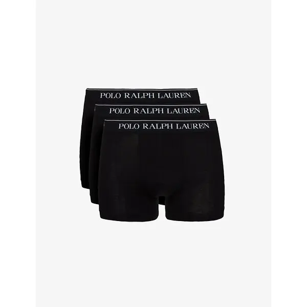 Polo Ralph Lauren Logo Waistband Classic-fit Stretch-cotton Trunks Pack Of Three - Black