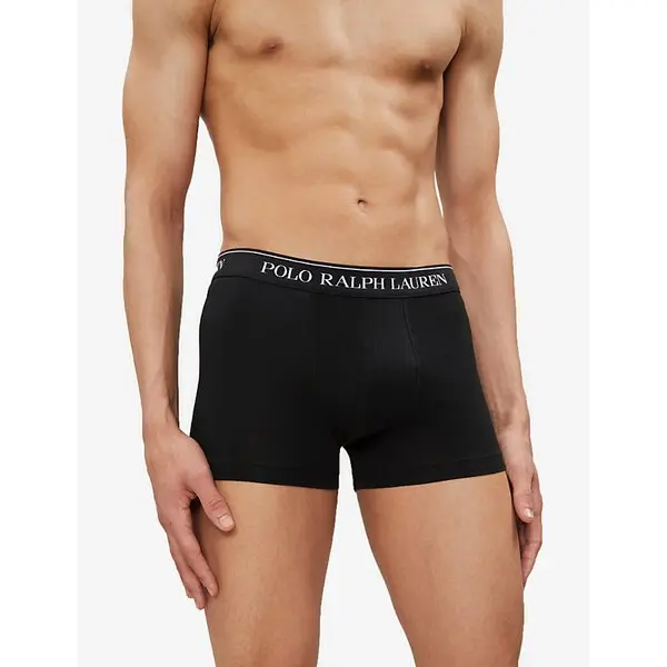 Polo Ralph Lauren Logo Waistband Classic-fit Stretch-cotton Trunks Pack Of Three - Black