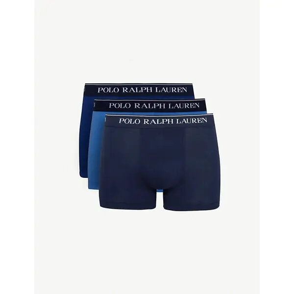 Polo Ralph Lauren Logo Waistband Classic-fit Stretch-cotton Trunks Pack Of Three - Blue/navy