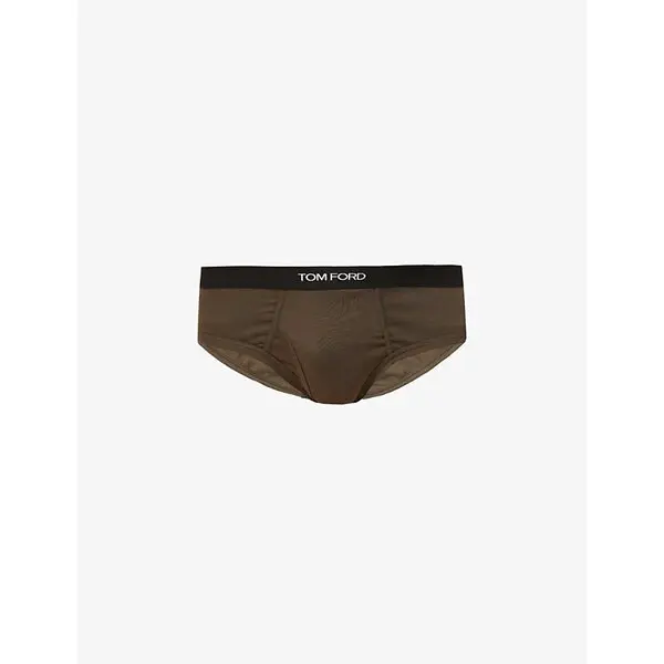 TOM FORD Branded-waistband Fitted Stretch-cotton Briefs - Military Green