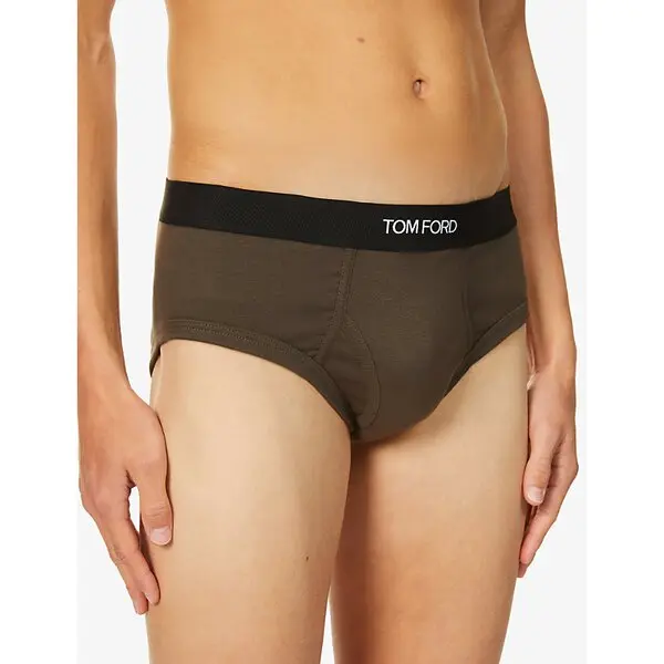 TOM FORD Branded-waistband Fitted Stretch-cotton Briefs - Military Green