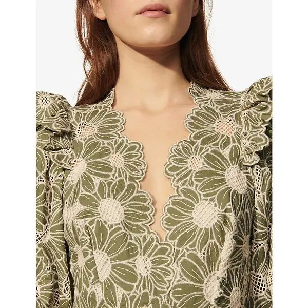 Sandro Audrey Floral-Embroidered Cotton Mini Dress - Olive Green |  Editorialist