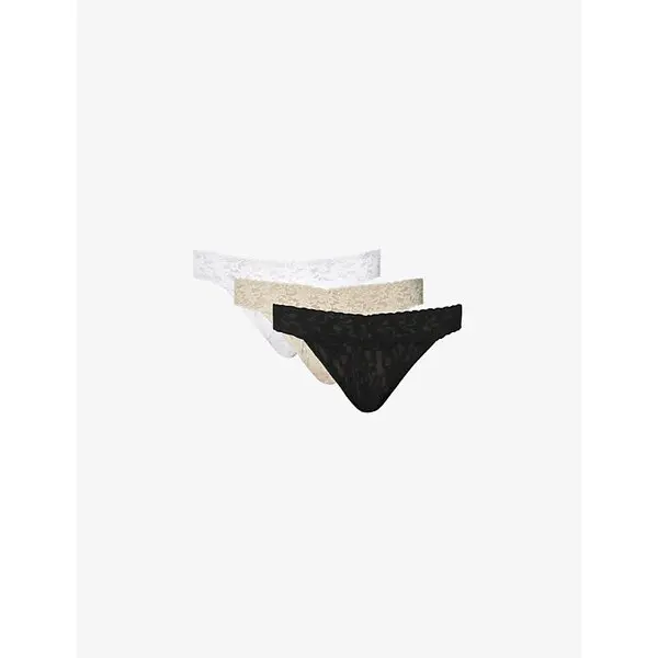Hanky Panky Pack Of Three Original-rise Stretch-lace Thongs - Black White Chai