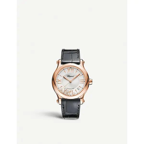 Chopard Happy Sport Medium 18ct Rose Gold Diamond And Alligator-embossed Leather Automatic Watch - Rose Gold And Black