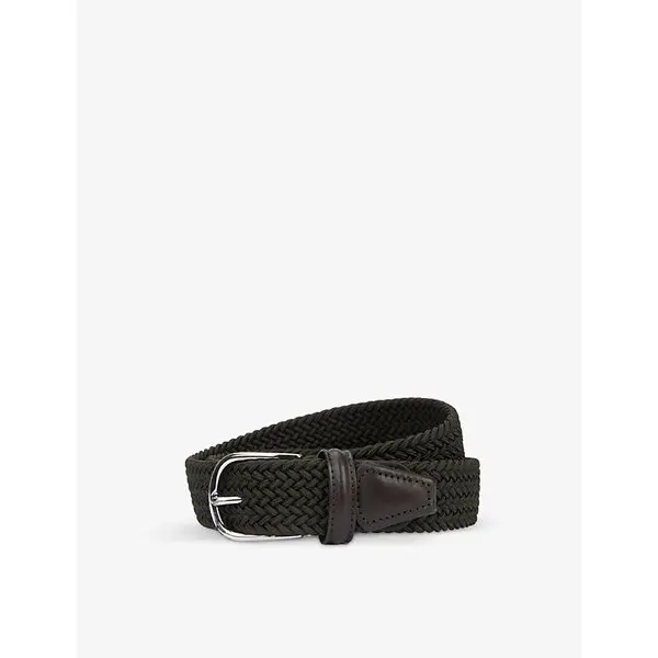 Anderson's Woven Stretch-elastic And Leather Belt - Khaki