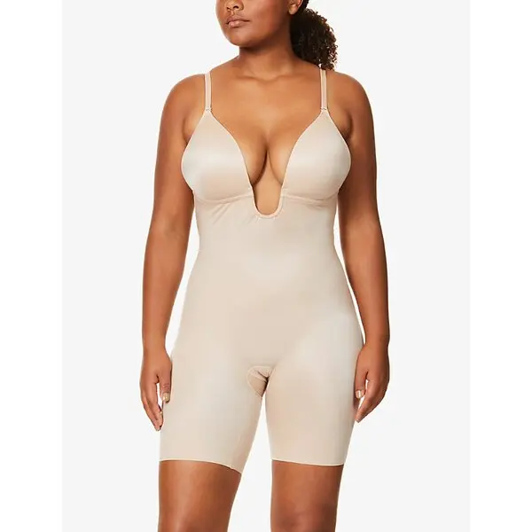 Spanx Shape™ Suit Your Fancy Plunge Low-back Mid-thigh Bodysuit - Champagne Beige