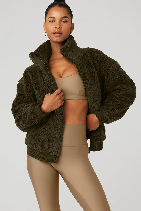 Alo Yoga Sherpa Varsity Jacket - Dark Olive | Editorialist