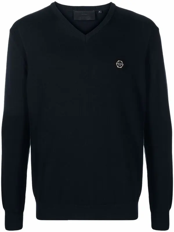 Philipp Plein Logo-patch V-neck Jumper - Blue