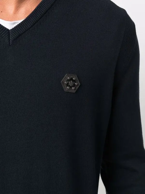 Philipp Plein Logo-patch V-neck Jumper - Blue