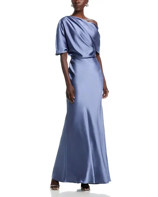 Amsale Draped Satin One-shoulder Gown - Slate