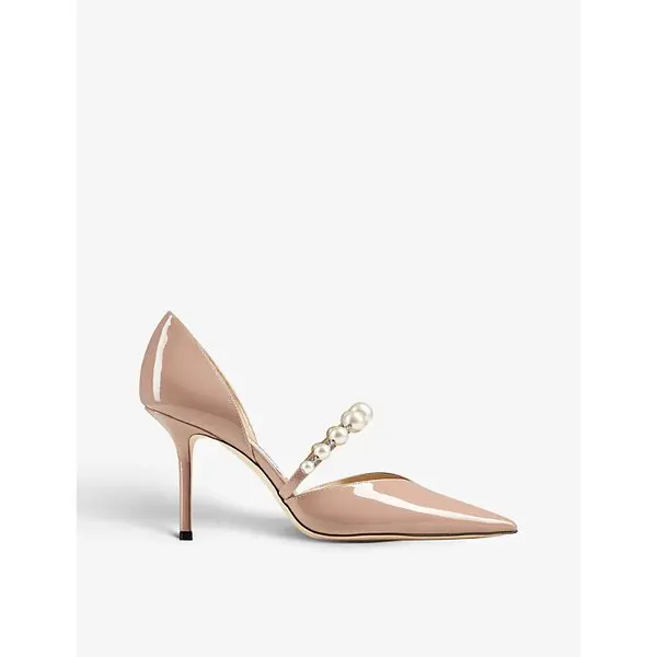 JIMMY CHOO Aurelie 85 Pearl-embellished Patent-leather Courts - Ballet Pink/white
