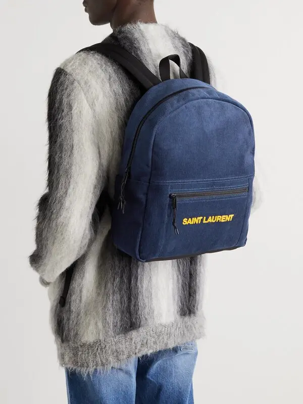 Saint Laurent Logo-Embroidered Cotton-Corduroy Backpack  display picture 1