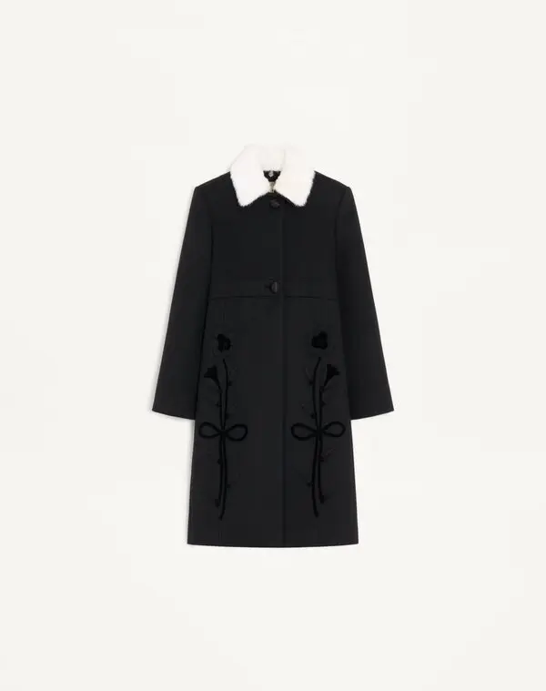 Valentino Garavani Black Compact Drap Coat With Floral Embroidery - Black/white