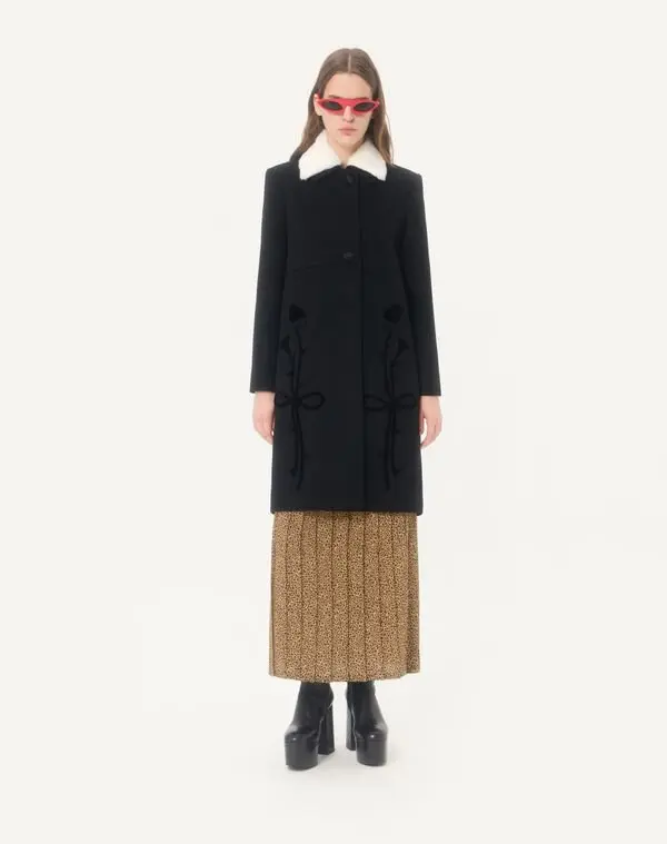 Valentino Garavani Black Compact Drap Coat With Floral Embroidery