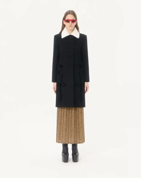 Valentino Garavani Black Compact Drap Coat With Floral Embroidery