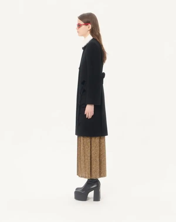 Valentino Garavani Black Compact Drap Coat With Floral Embroidery