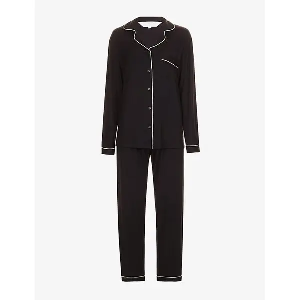 THE NAP CO Rayon Piped Stretch-jersey Pyjama Set - Jet Black/oat Piping