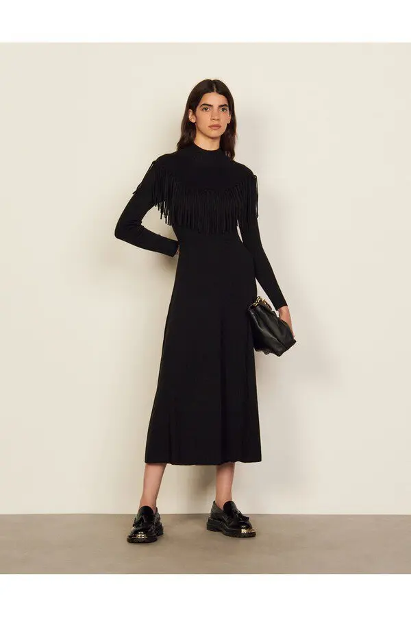 Sandro Long Wool Dress With Fringing In Black / White - 30% Off |  Editorialist