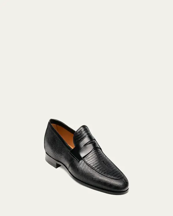 Magnanni Vincente Lizard Penny Loafers - Black