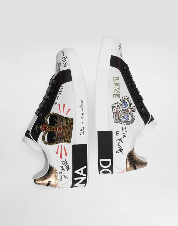 Dolce & Gabbana Portofino Sneakers In Printed Nappa Calfskin With Crown Patch