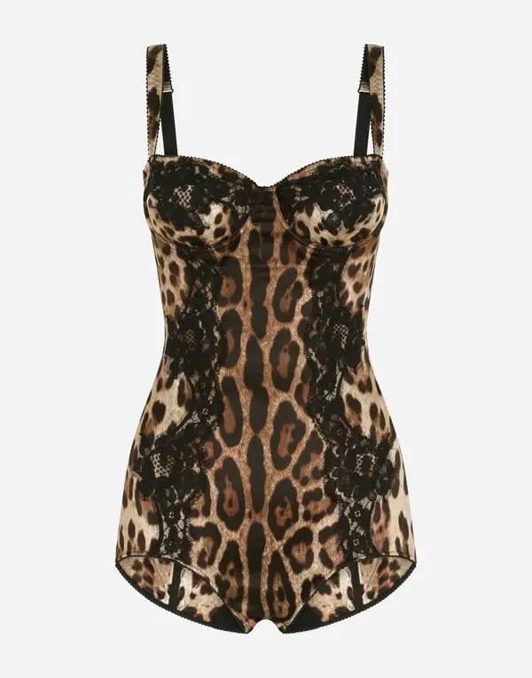 Dolce & Gabbana Silk Balconette Lingerie Bodysuit With Leopard-print And Lace Details - Animal Print