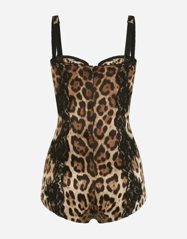 Dolce & Gabbana Silk Balconette Lingerie Bodysuit With Leopard-print And Lace Details - Animal Print