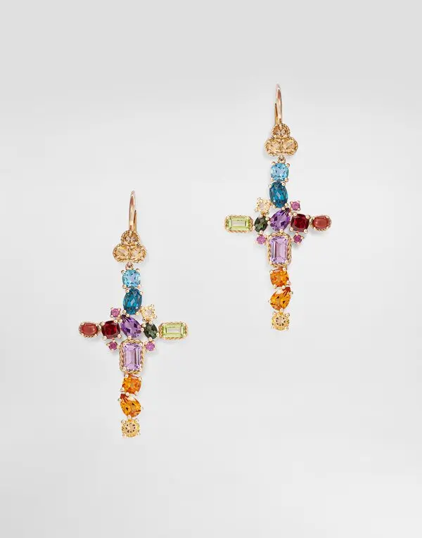 Dolce & Gabbana 18kt Gold Gemstone Cross Earrings - White