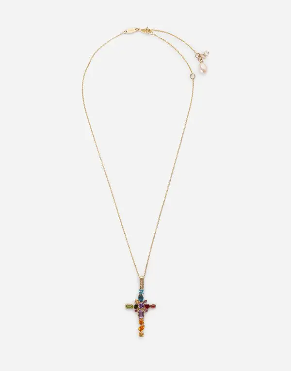 Dolce & Gabbana Rainbow Gemstone Cross Pendant Necklace - Gold