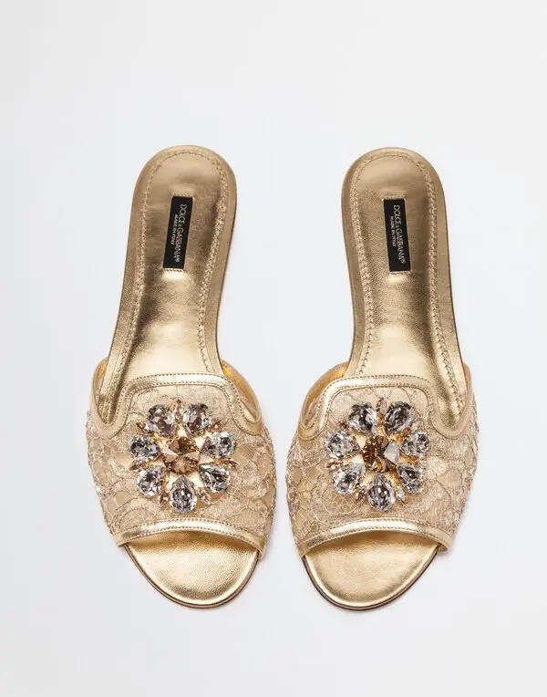 Dolce & Gabbana Lace Slippers With Crystals - Gold