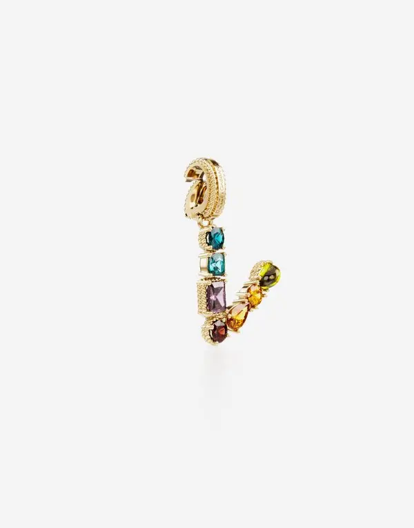 Dolce & Gabbana V Lettering Charm In 18-carat Yellow And Multicolored Gems