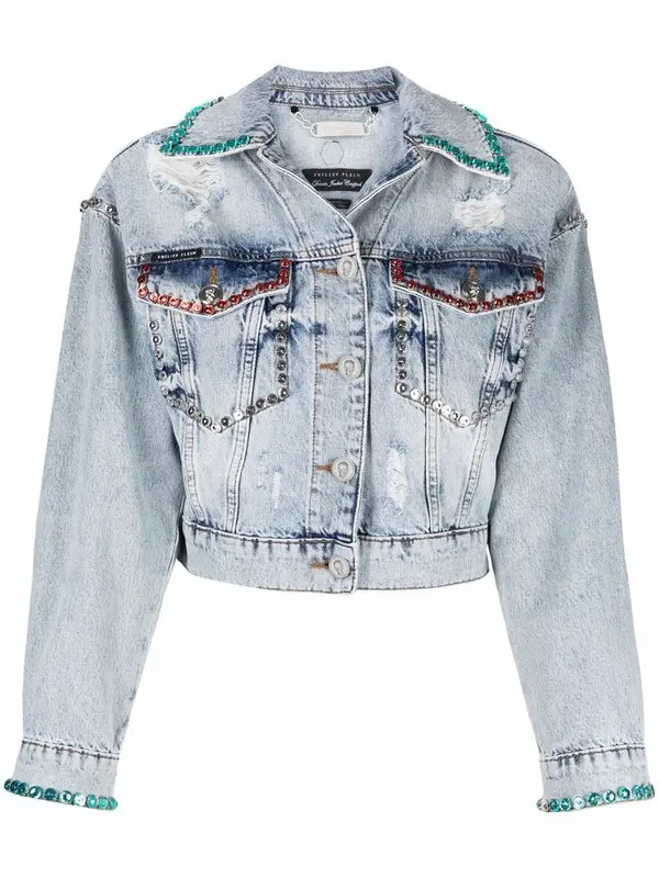 Philipp Plein Crystal-embellished Distressed Denim Jacket