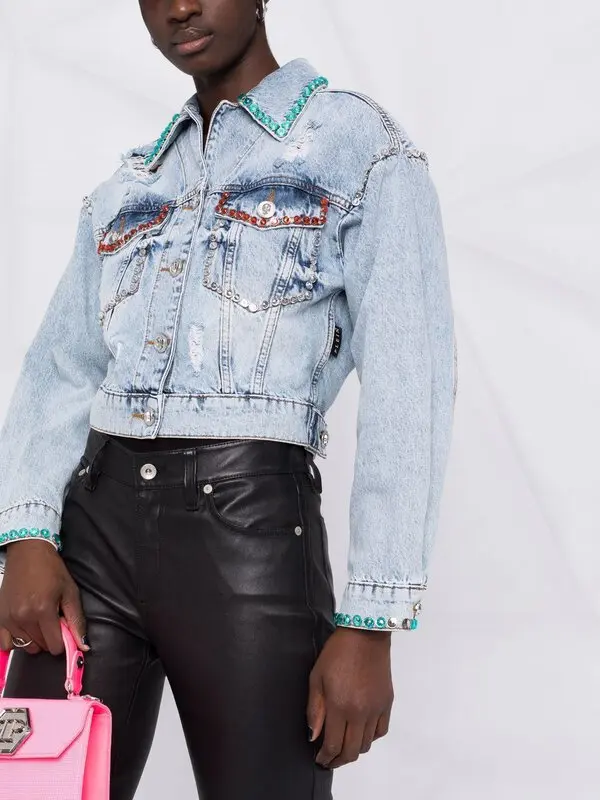 Philipp Plein Crystal-embellished Distressed Denim Jacket