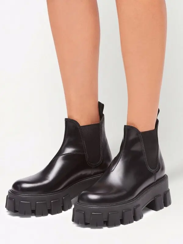 Prada Monolith Brushed Leather Chelsea Boots - Black | Editorialist