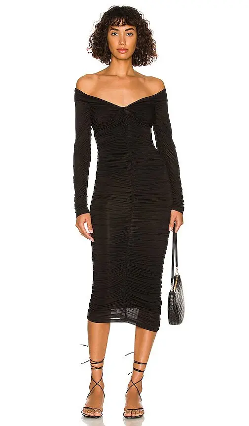 bardot ruched midi dress Plus Size Bardot Ruched Detail Midi Dress in Green